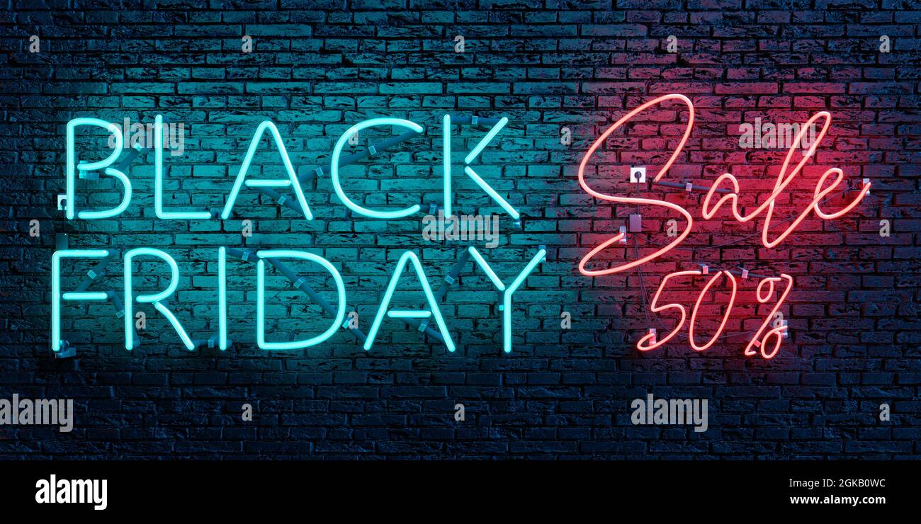 BLACK FRIDAY SALE 50 percent neon sign on brick wall. 3d rendering ...
