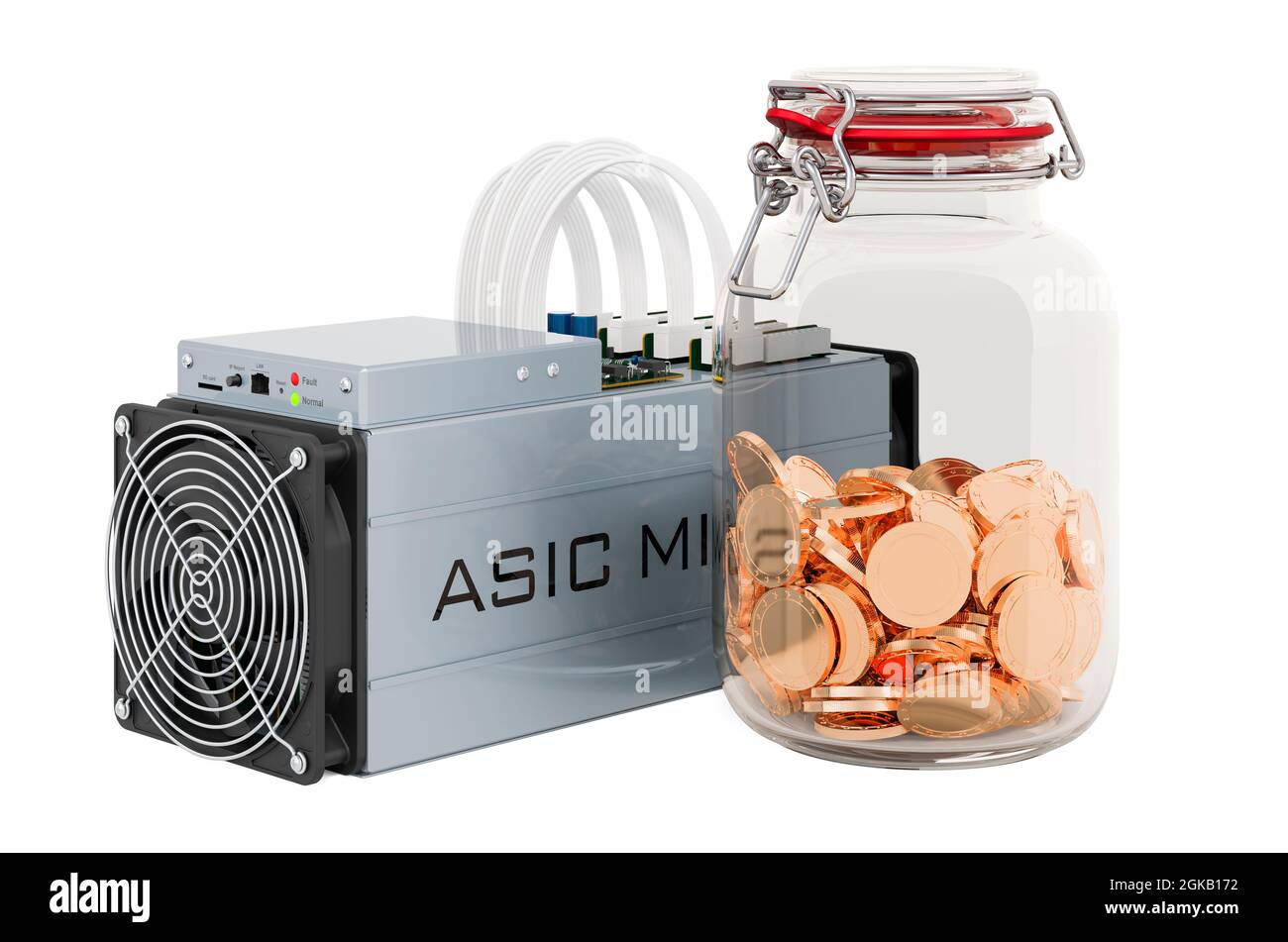 ASIC miner with glass jar full of golden coins, 3D rendering isolated ...