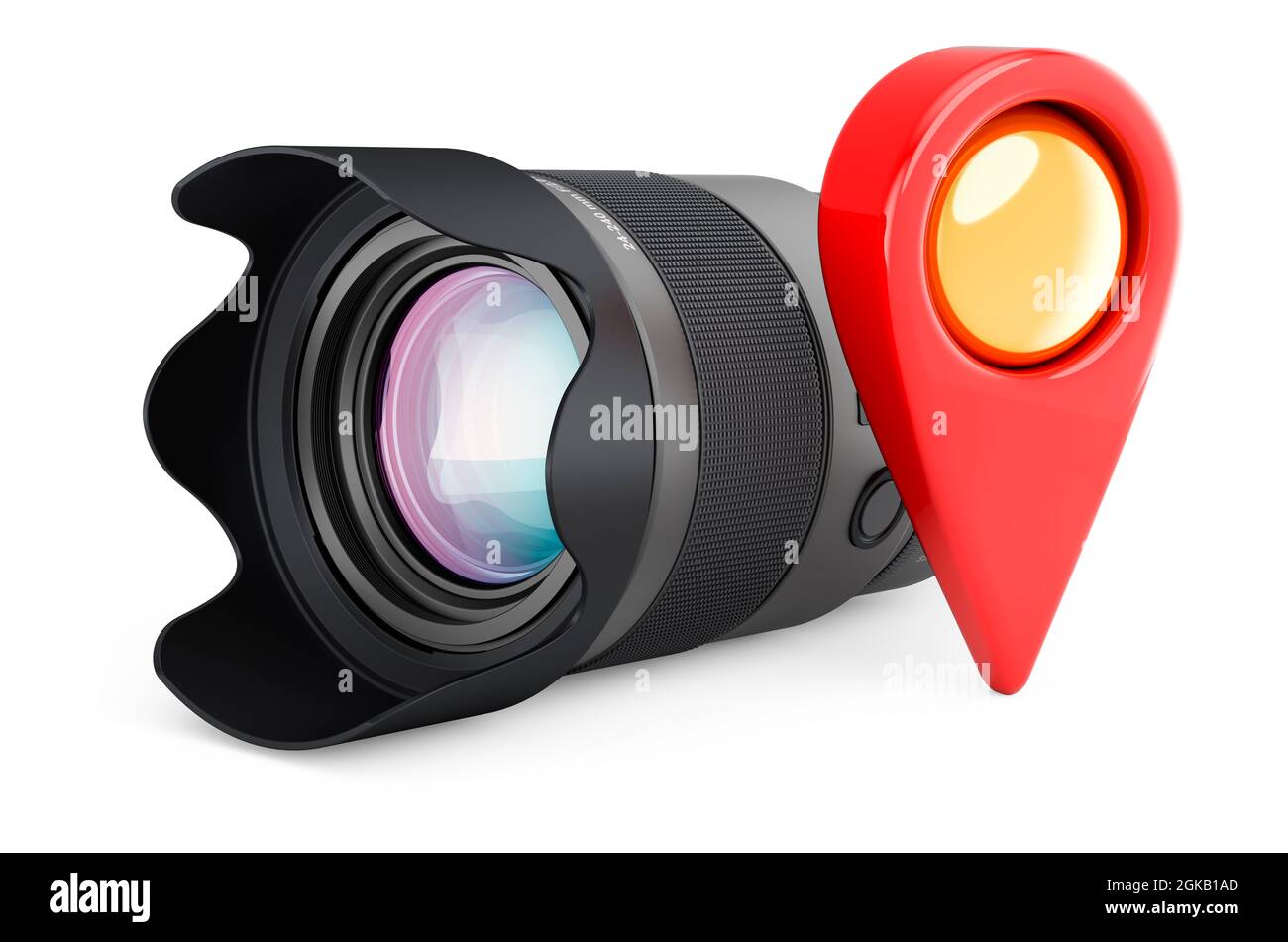 Camera lens with map pointer. 3D rendering isolated on white background ...