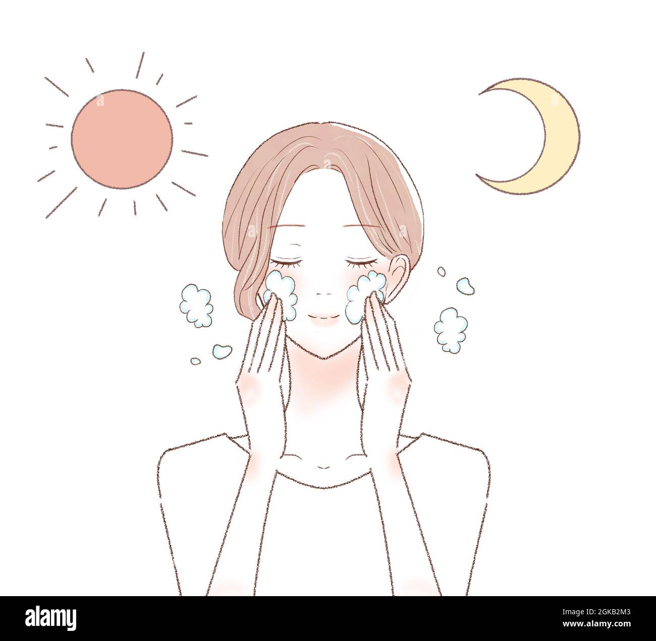 Woman washing face in morning and night. On a white background Stock ...