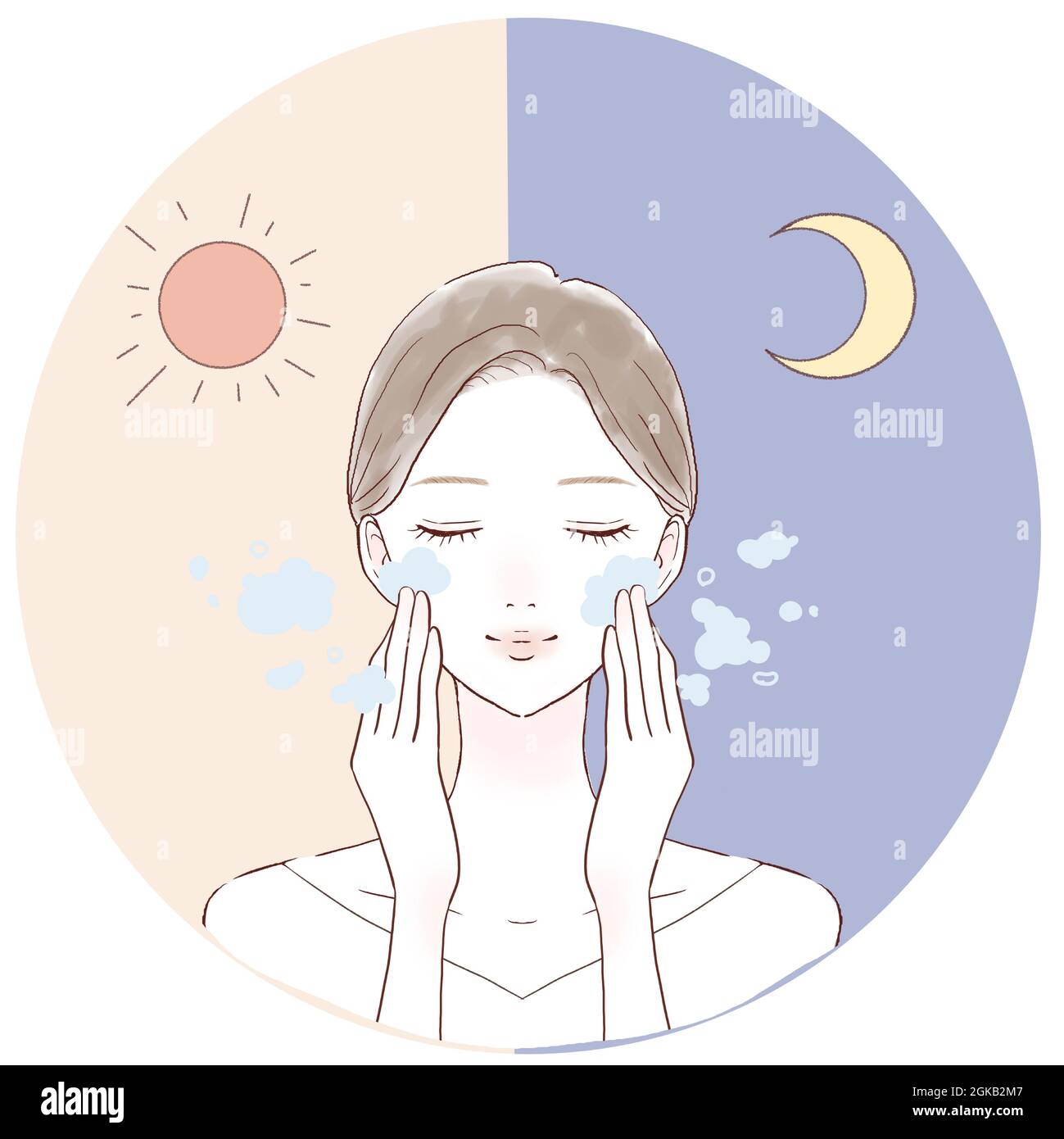 Woman washing face in morning and night. On a white background Stock ...