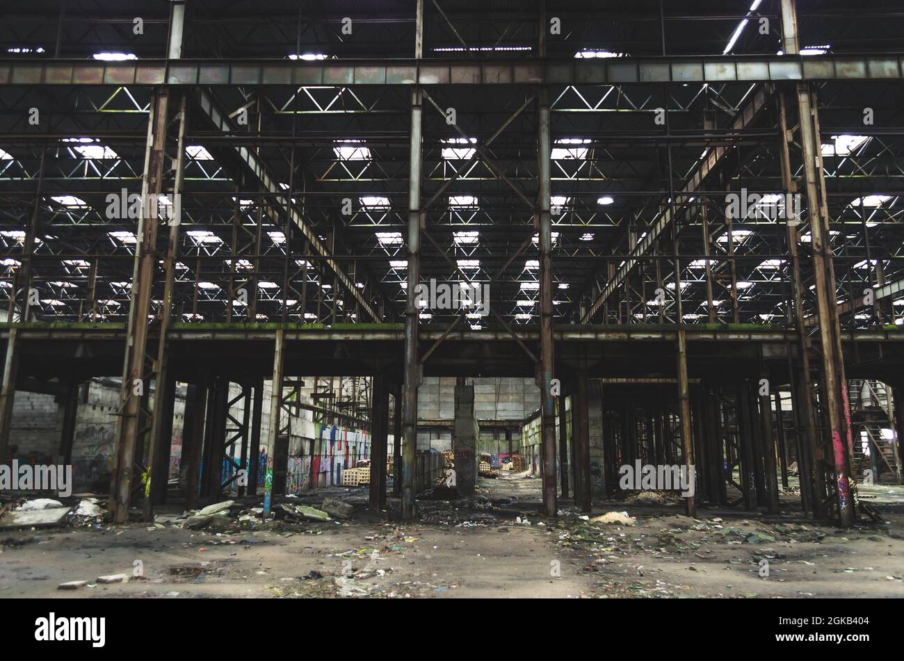 Large industrial hall abandoned warehouse, factory with a bunch of ...