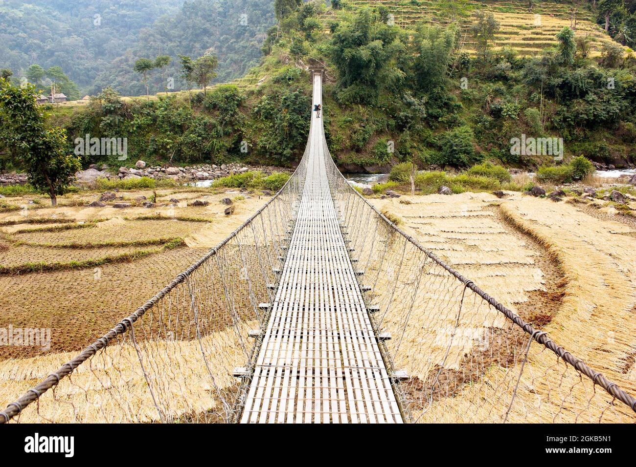 rope hanging suspension bridge i n Nepal with paddyfield and tourist ...