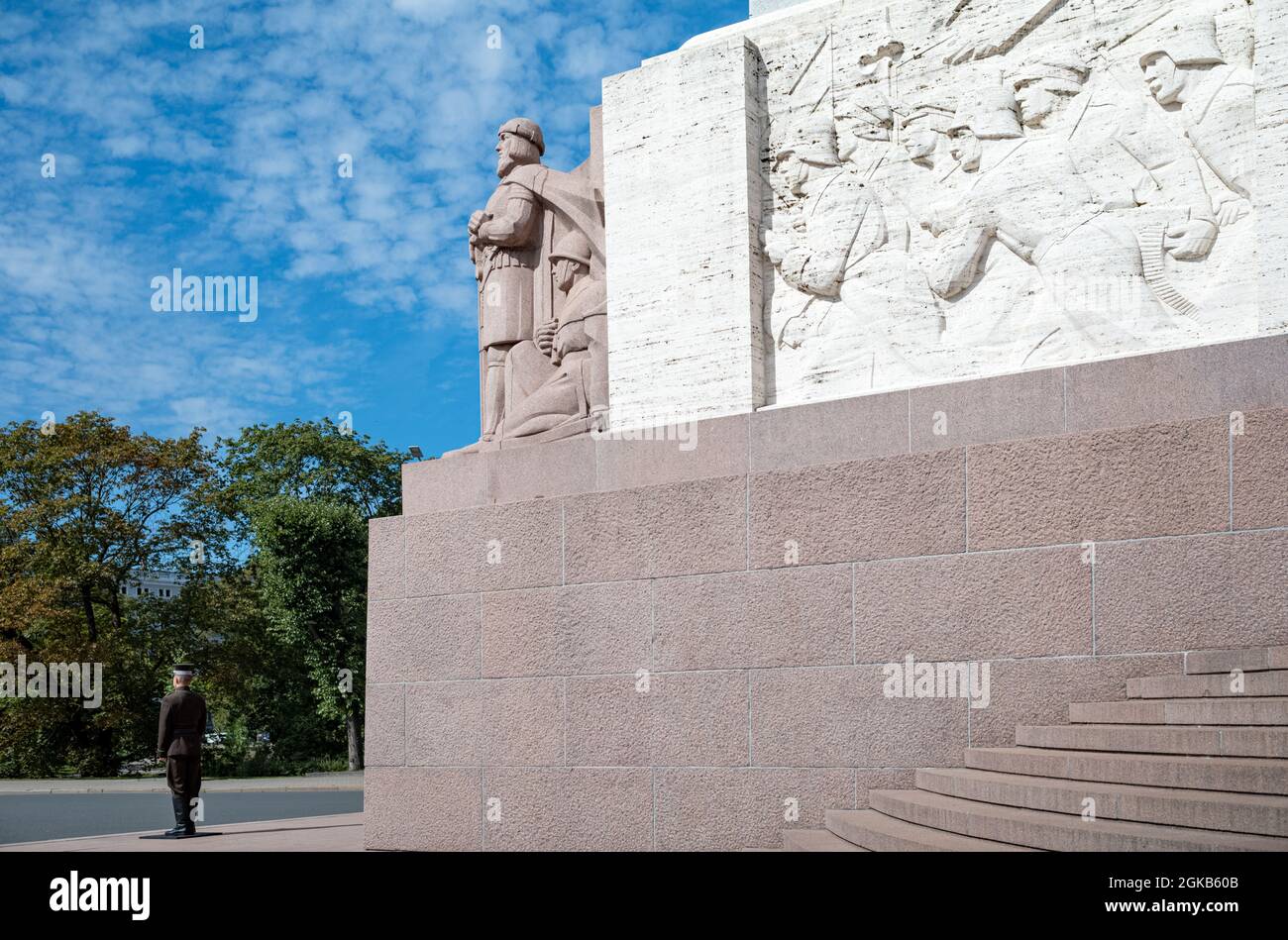 Riga, Latvia, the statues and sculptures of the Freedom monument ...