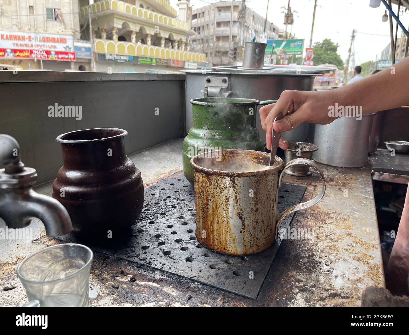 Traditional Pathan’s chai cafe in a market place in Karachi. Chai Dhaba ...