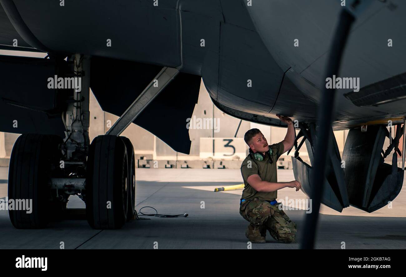 A U.S. Air Force KC-135 Stratotanker aircraft crew chief, assigned to ...