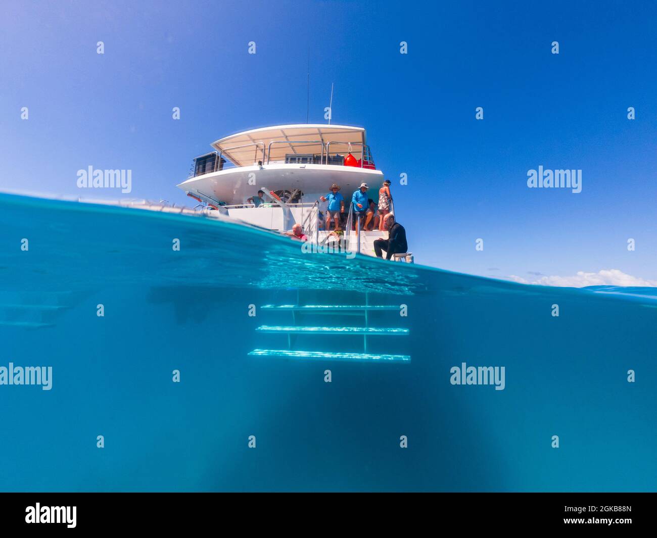View of the back of a diving boat and ladder, Great Barrier Reef ...