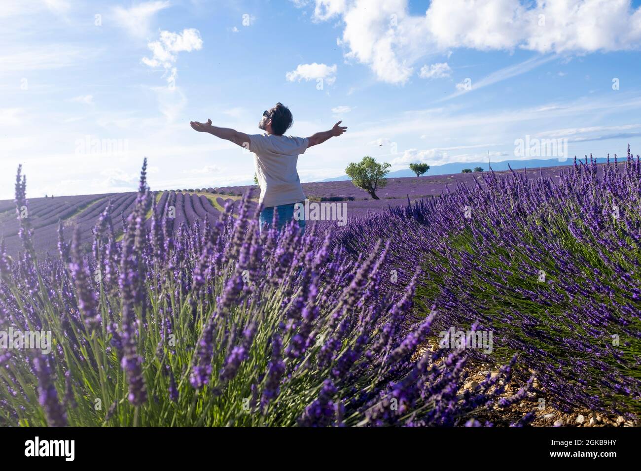 Carefree male tourist standing with his arms wide outstretched amidst ...