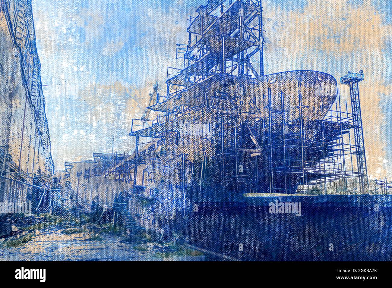 Shipbuilding industry. Shipyard. Construction of the ship on the Stock ...