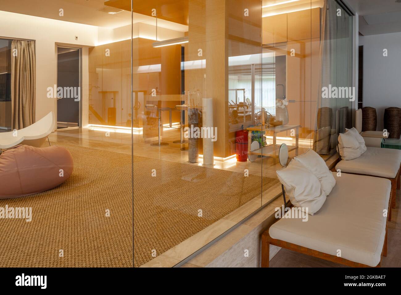 Stylish sitting areas in spacious open plan apartment with glass wall ...