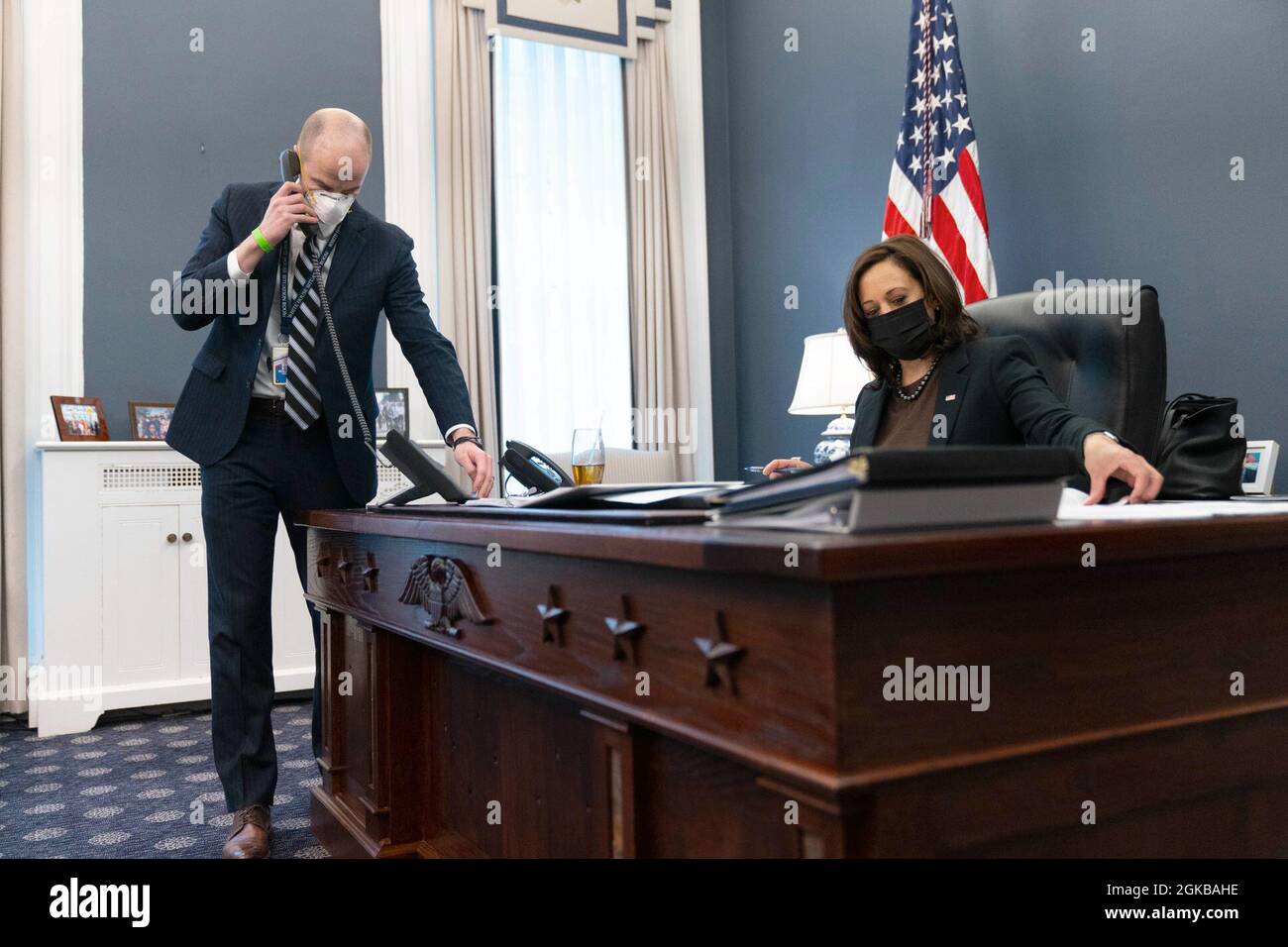 Vice President Kamala Harris conducts business at the USS Constitution ...