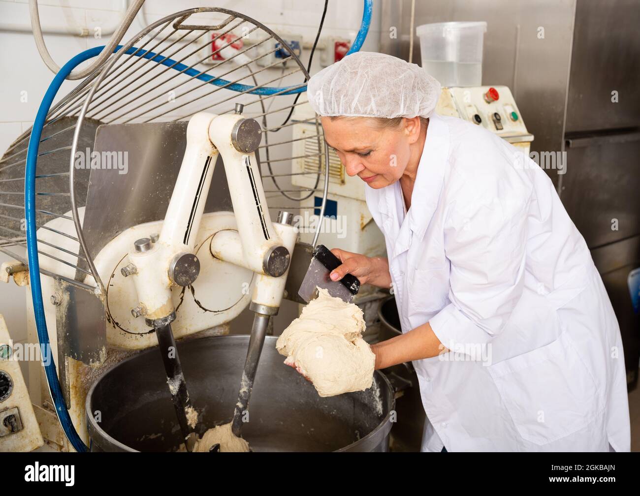 Female baker taking out dough from kneading machine Stock Photo - Alamy