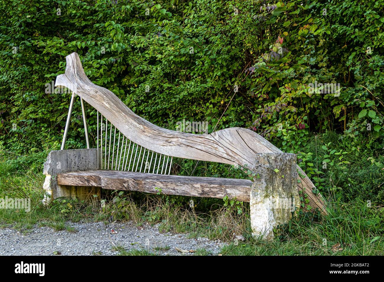 Stylish bench in Essing at Altmuehl river below the ruins of Randeck ...