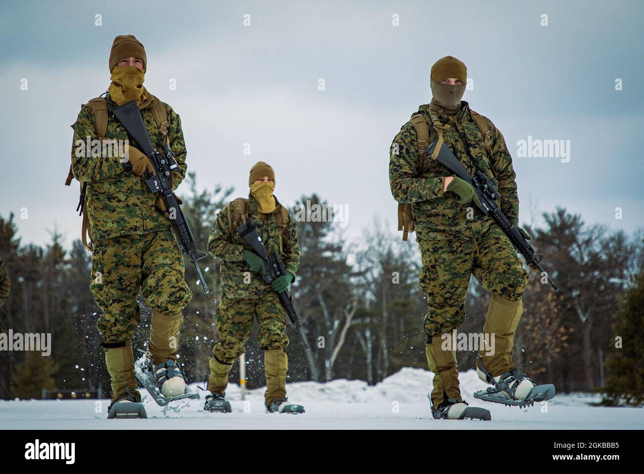 U.S. Marines hike using snowshoes during a cold weather survival course ...