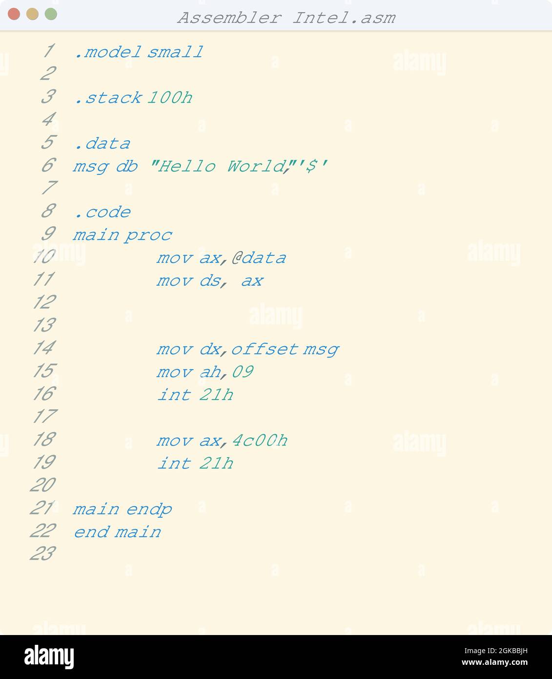Assembler Intel language Hello World program sample in editor window ... Assembler Intel language Hello World program sample in editor window ...