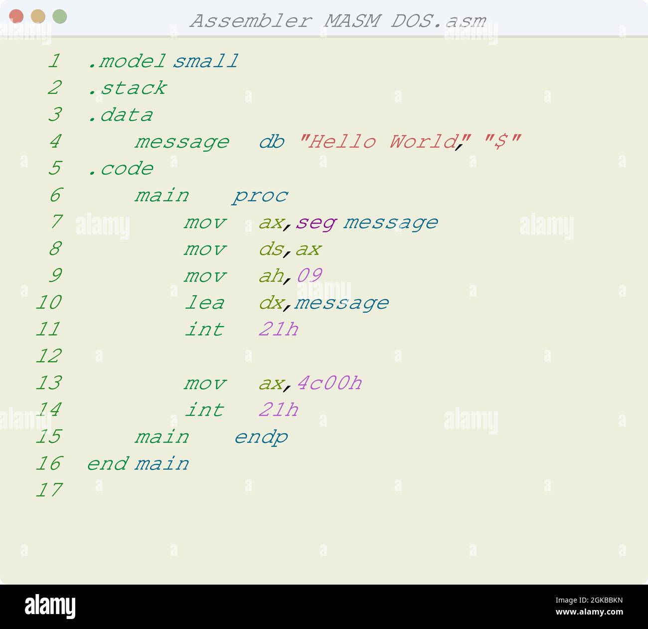 Assembler MASM DOS language Hello World program sample in editor window ... Assembler MASM DOS language Hello World program sample in editor window ...