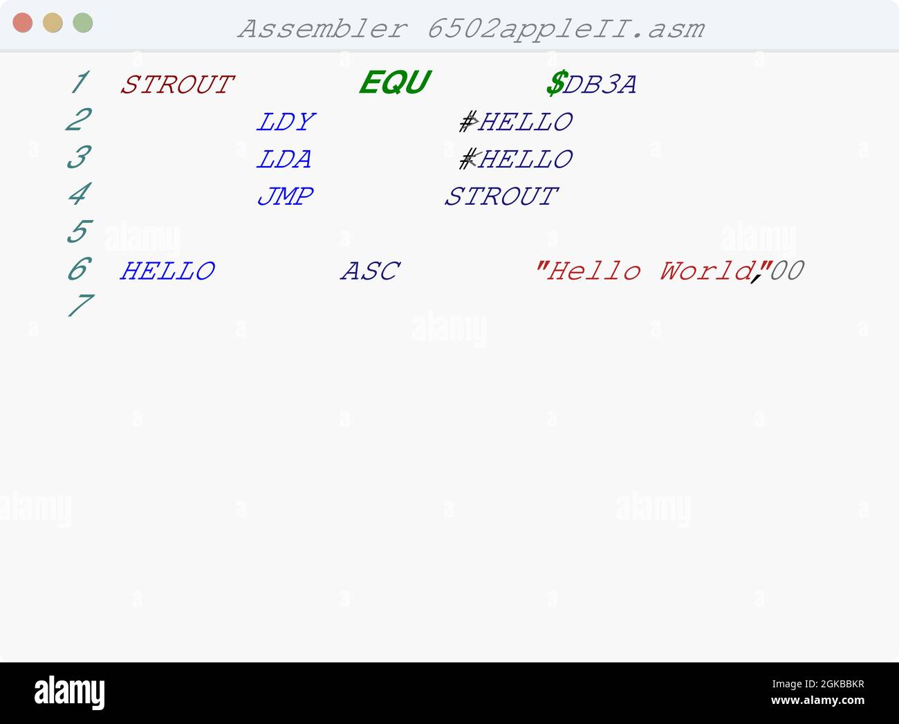 Assembler 6502appleII language Hello World program sample in editor window illustration Stock ...