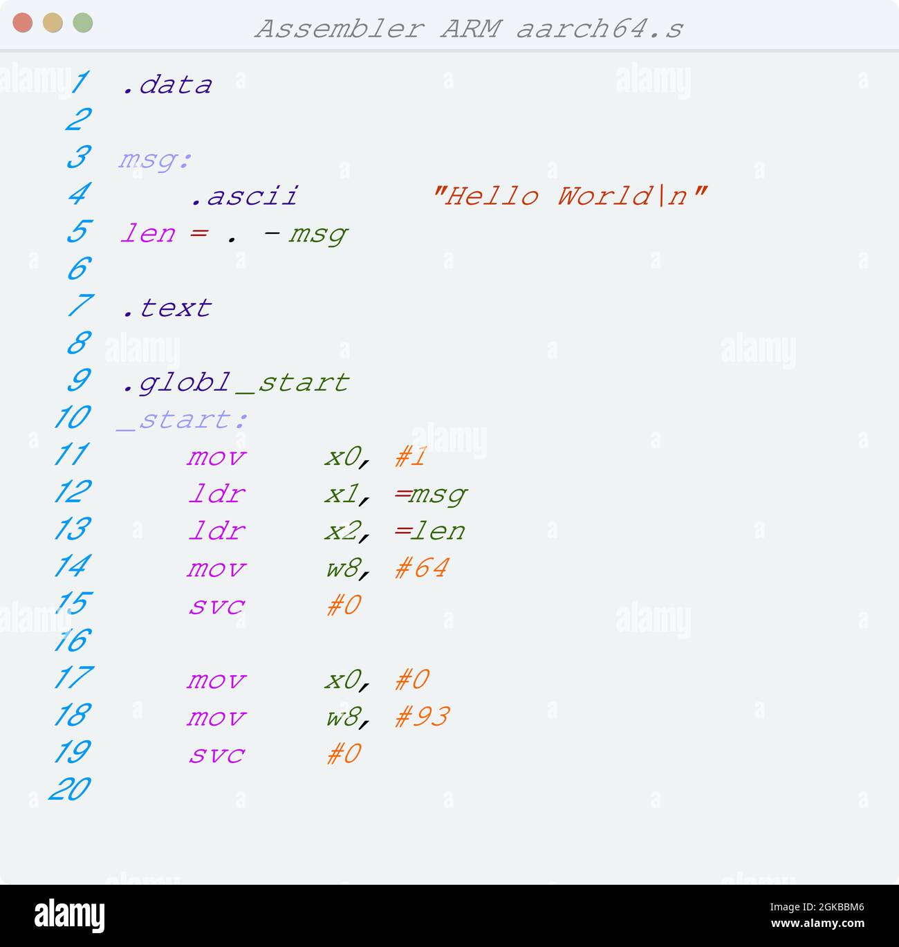 Assembler ARM aarch64 language Hello World program sample in editor ... Assembler ARM aarch64 language Hello World program sample in editor ...