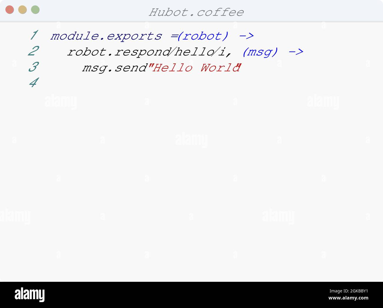 Hubot language Hello World program sample in editor window illustration Stock Vector Image & Art ...