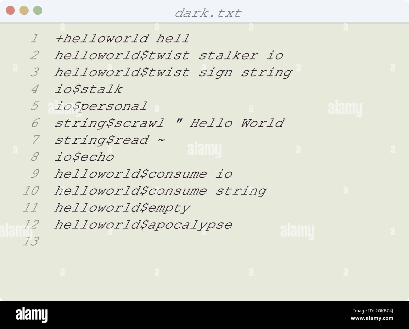 dark language Hello World program sample in editor window illustration ... dark language Hello World program sample in editor window illustration ...