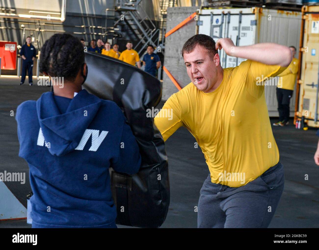 ATLANTIC OCEAN (Mar. 03, 2021) Airman Brennan Roberge uses a padded ...