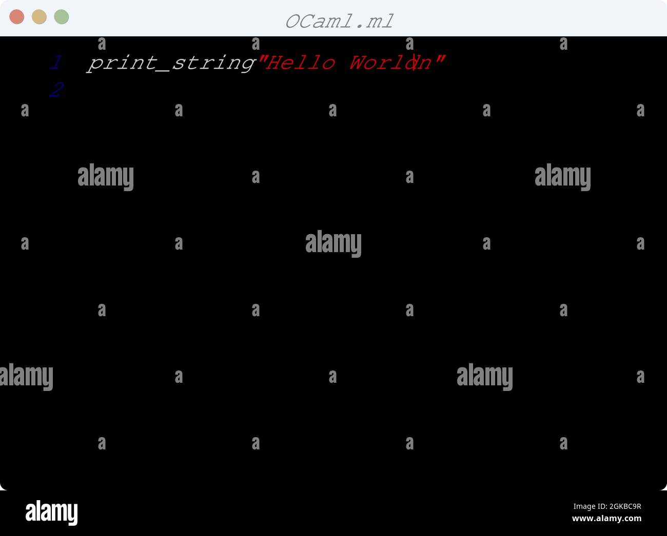 Ocaml Language Hello World Program Sample In Editor Window Illustration Stock Vector Image And Art