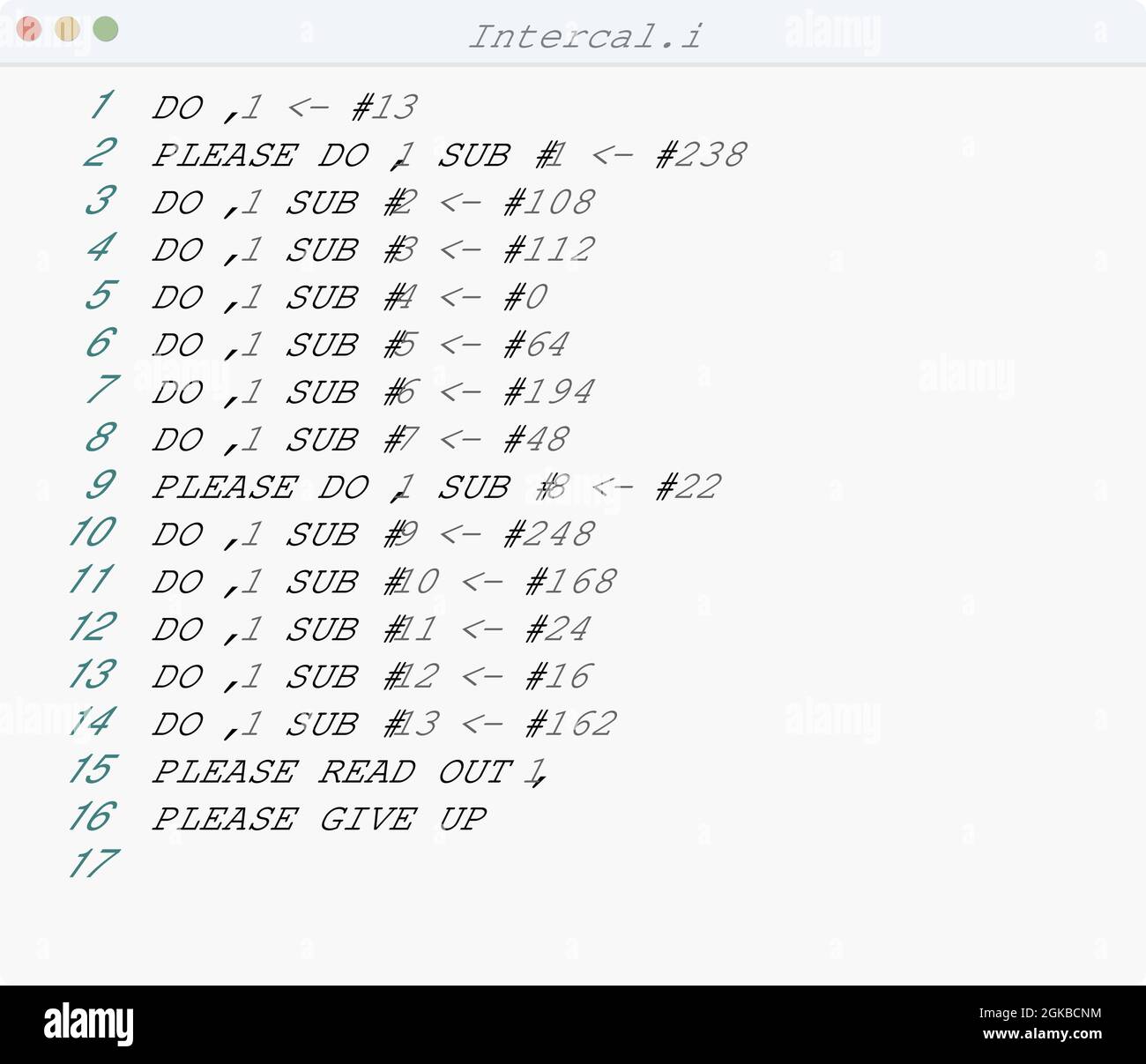 Intercal Language Hello World Program Sample In Editor Window