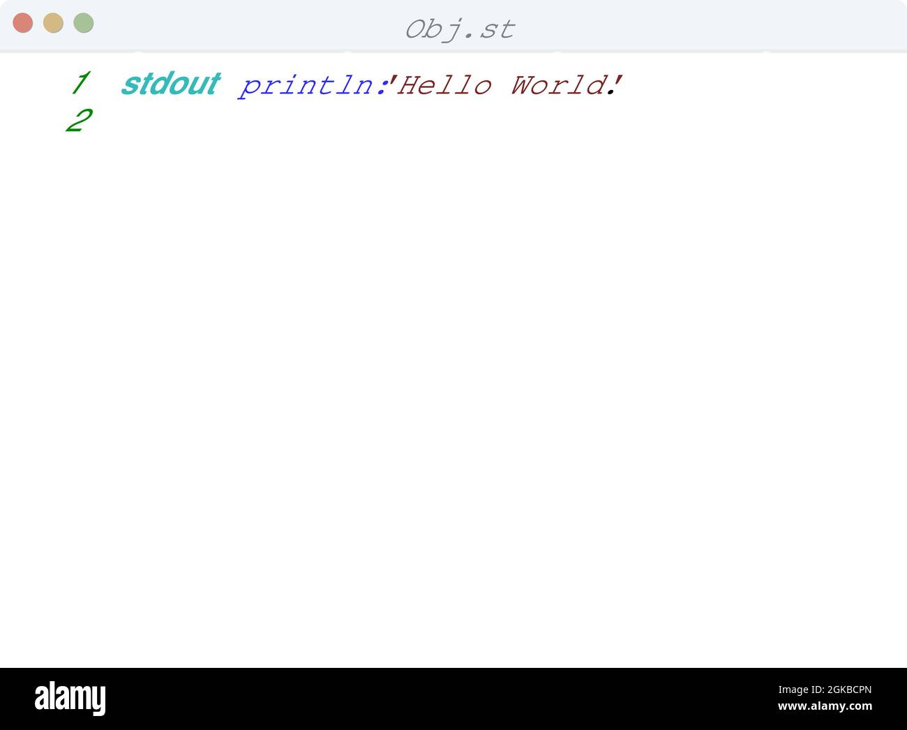 Obj language Hello World program sample in editor window illustration ... Obj language Hello World program sample in editor window illustration ...