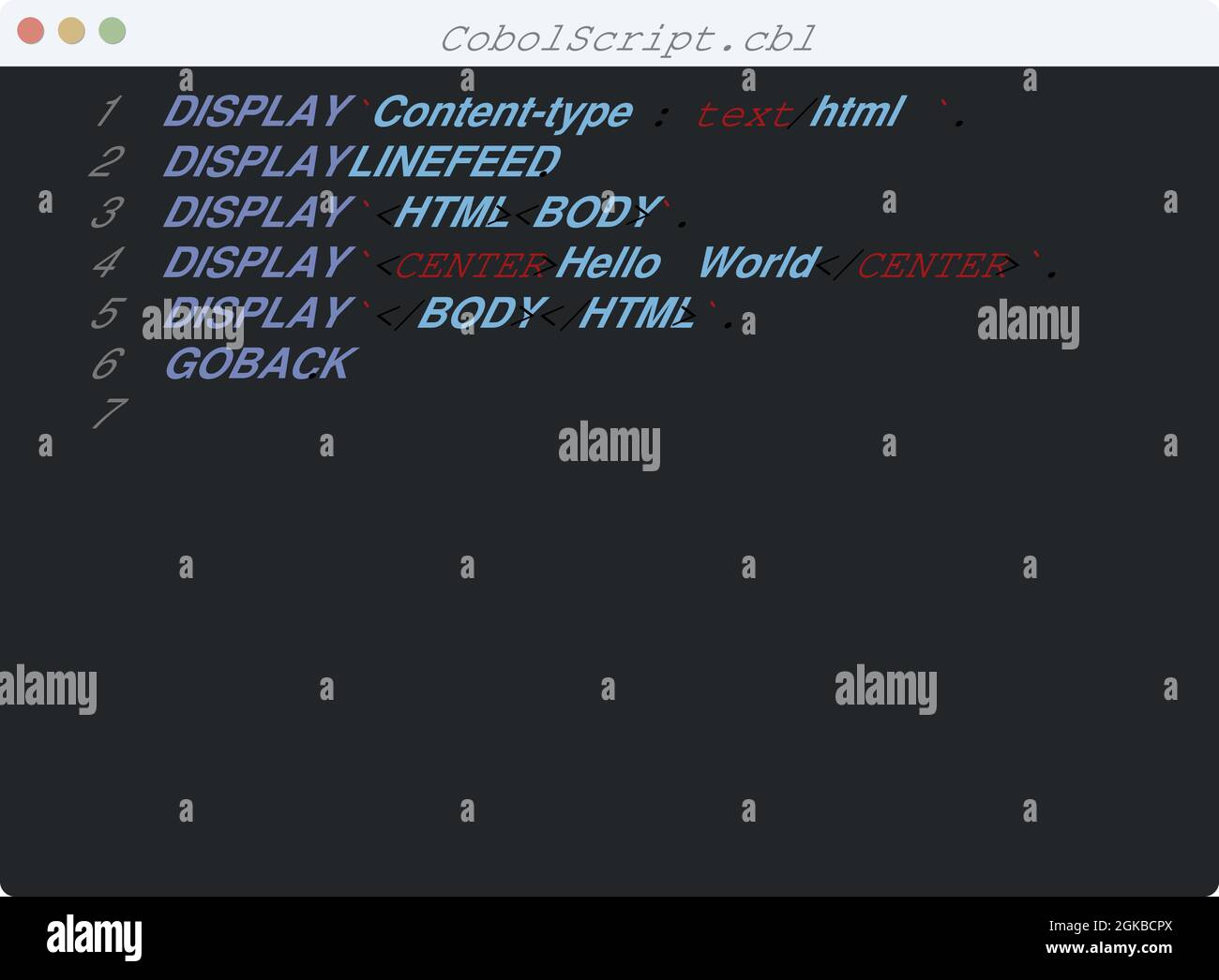CobolScript language Hello World program sample in editor window ... CobolScript language Hello World program sample in editor window ...