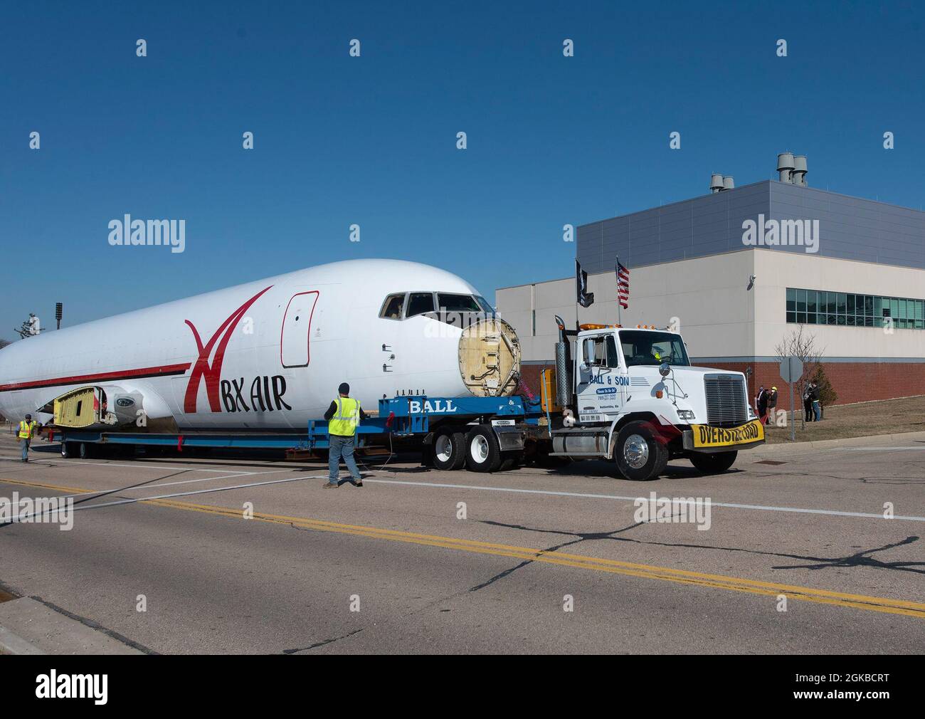 A truck carrying a Boeing 767 fuselage arrives at the U.S. Air Force ...
