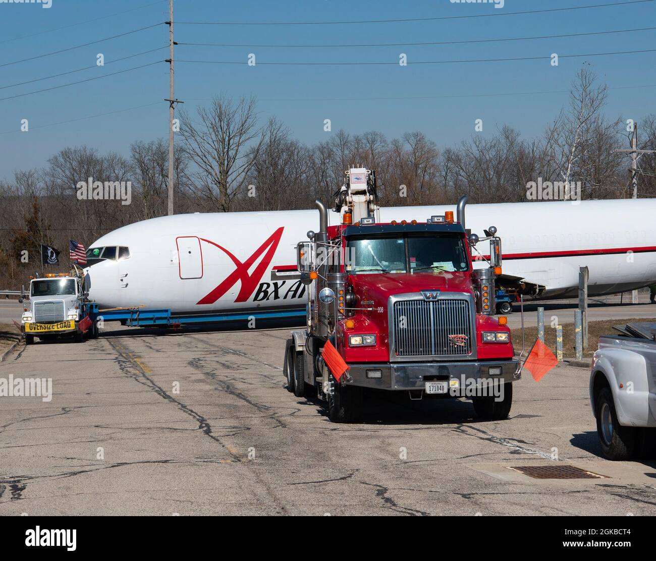 The fuselage of a Boeing 767 turns on to Wright-Patterson Air Force ...