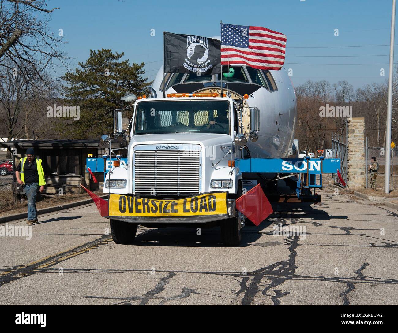 A truck carrying a Boeing 767 fuselage enters Wright-Patterson Air ...