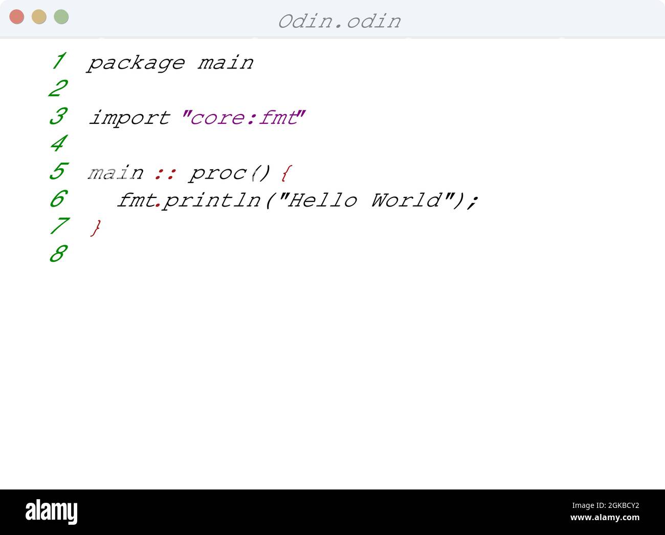 Odin language Hello World program sample in editor window illustration ...