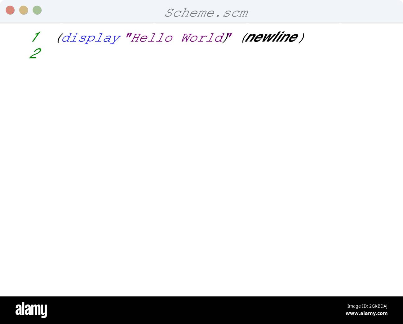 Scheme language Hello World program sample in editor window ... Scheme language Hello World program sample in editor window ...