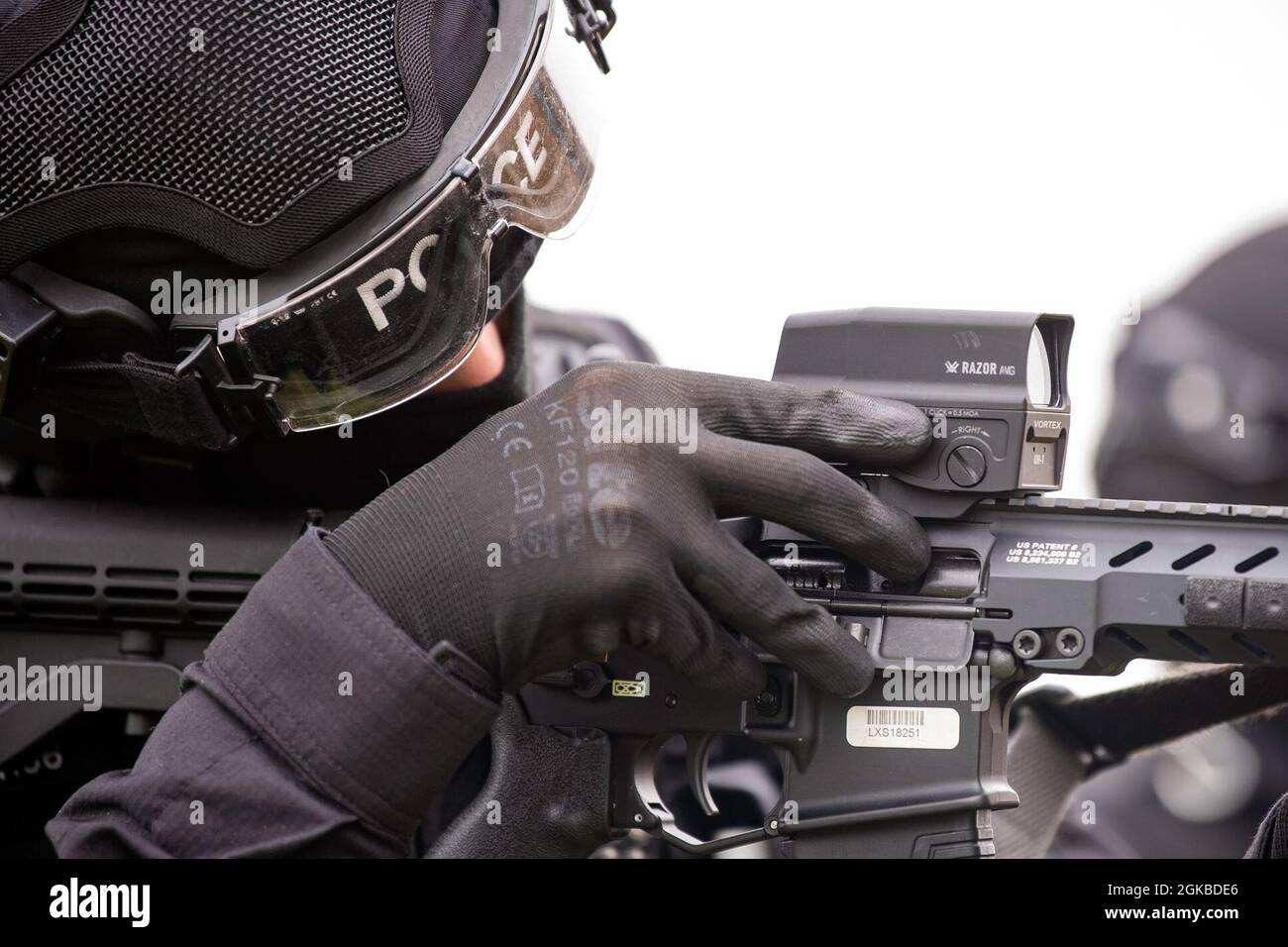 A Policeman, from the Northamptonshire Police Department, looks down ...