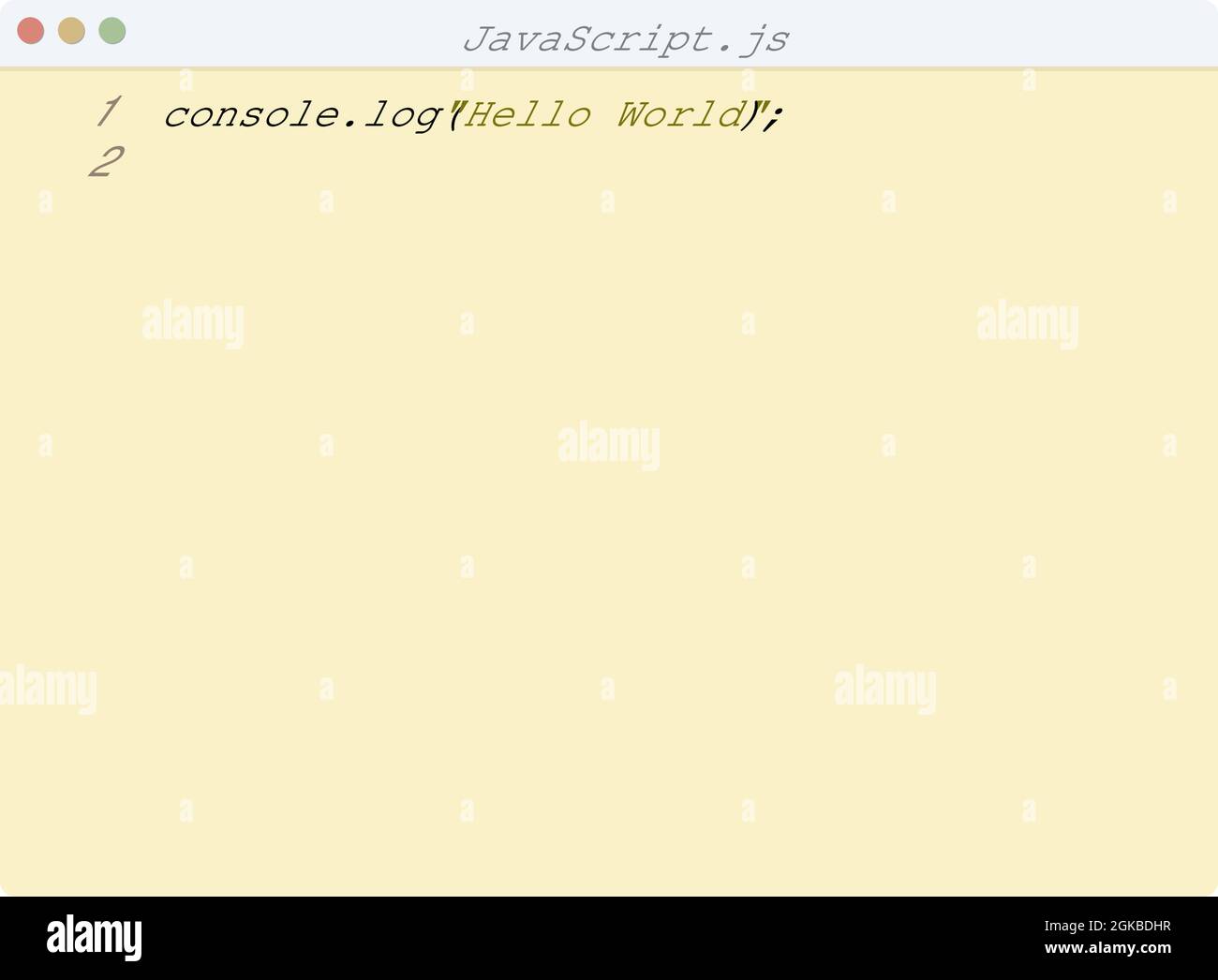 JavaScript language Hello World program sample in editor window ... JavaScript language Hello World program sample in editor window ...
