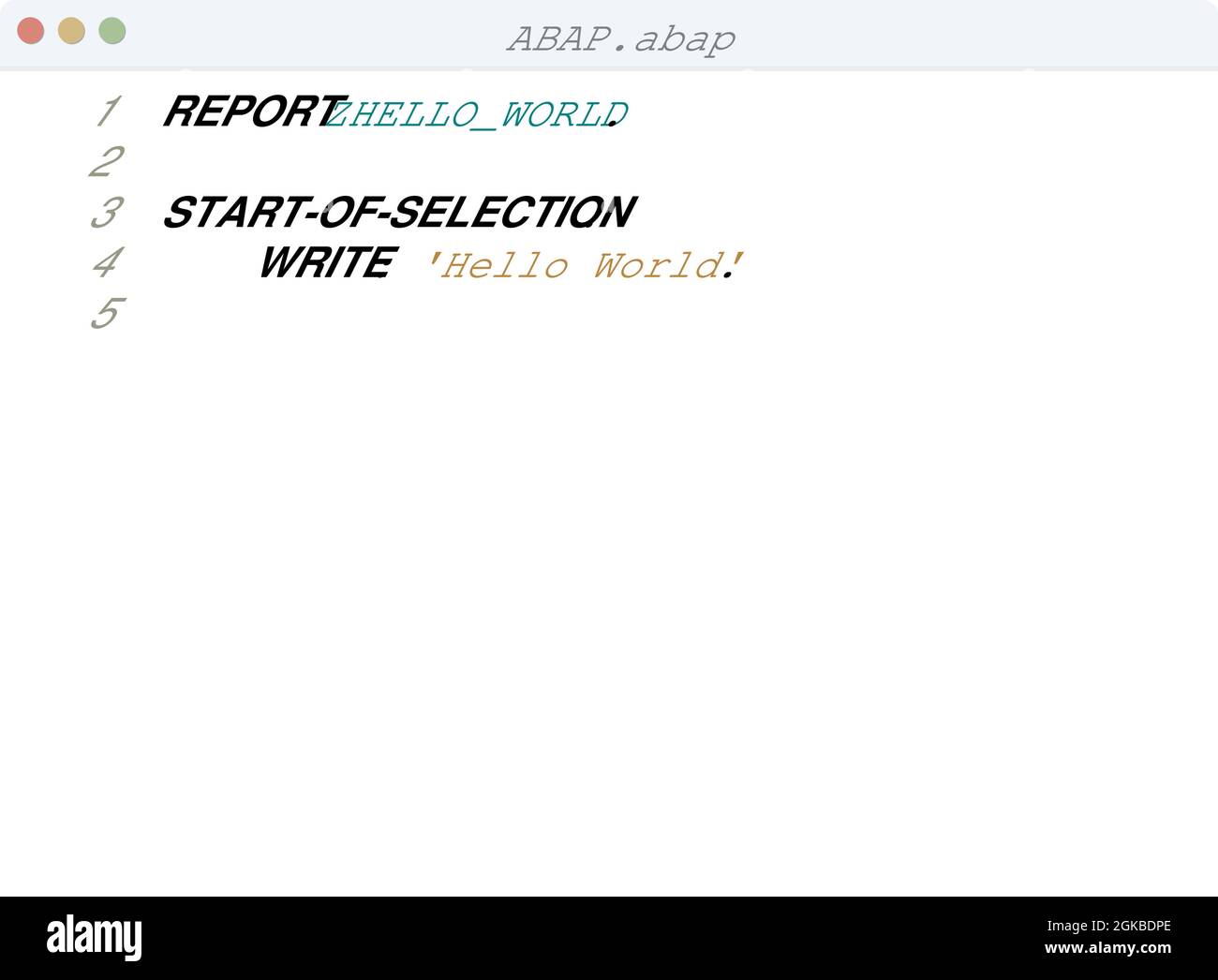 ABAP language Hello World program sample in editor window illustration ... ABAP language Hello World program sample in editor window illustration ...