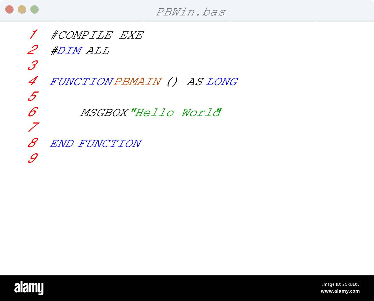 PBWin language Hello World program sample in editor window illustration ...