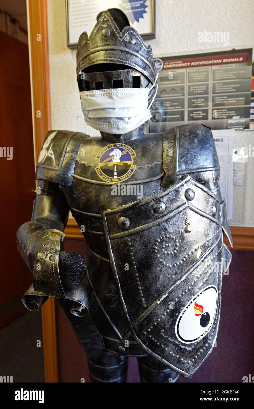 A decorative knight, complete with PPE inside the entrance area of U.S ...