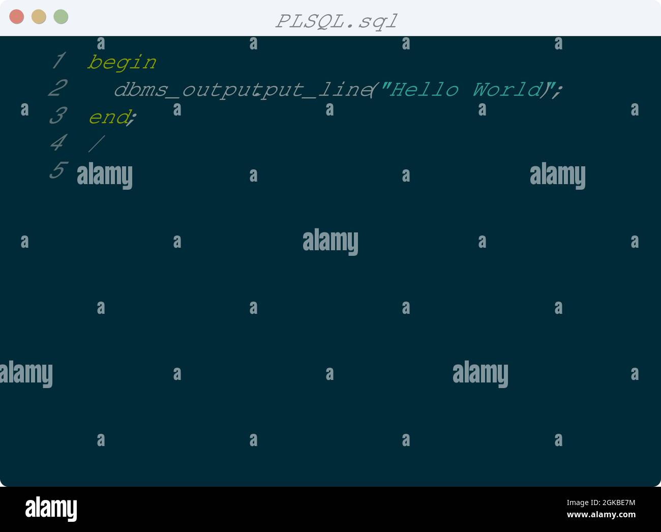 Plsql Language Hello World Program Sample In Editor Window Illustration Stock Vector Image And Art 4079