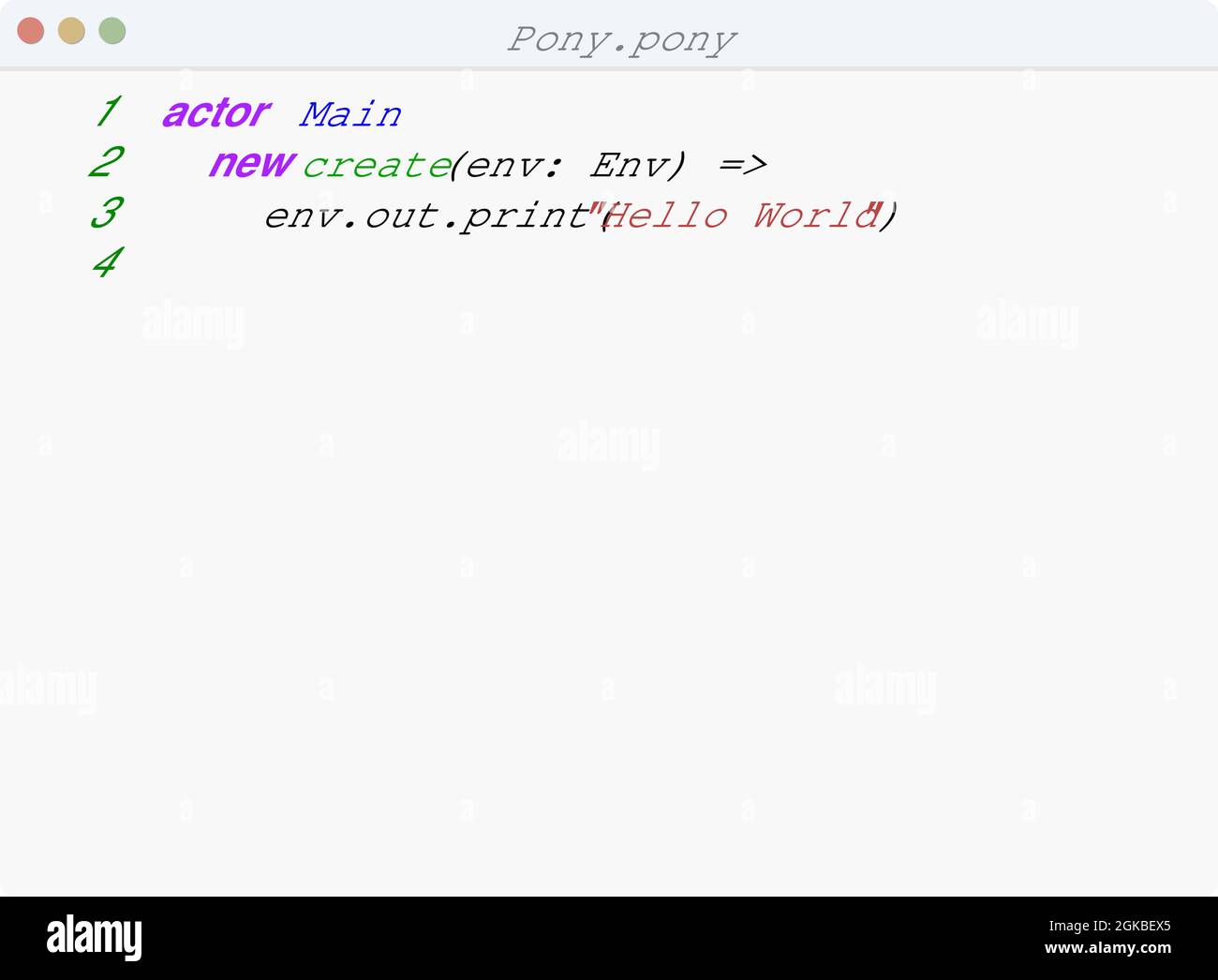 Pony language Hello World program sample in editor window illustration ...