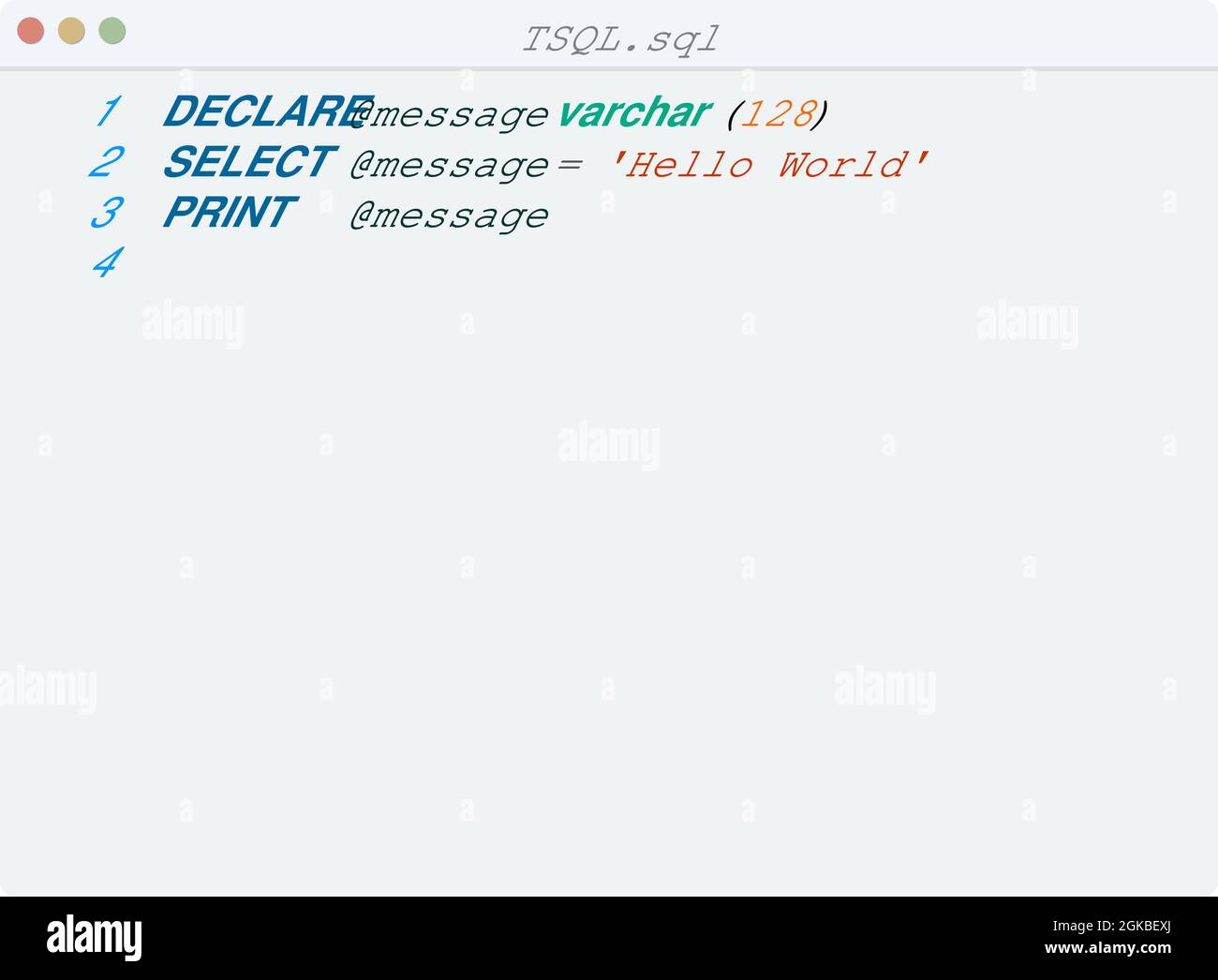 TSQL language Hello World program sample in editor window illustration ...