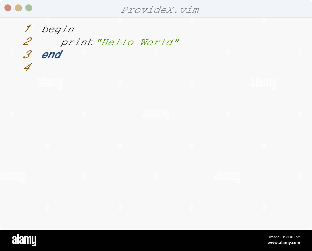ProvideX language Hello World program sample in editor window illustration Stock Vector Image ...