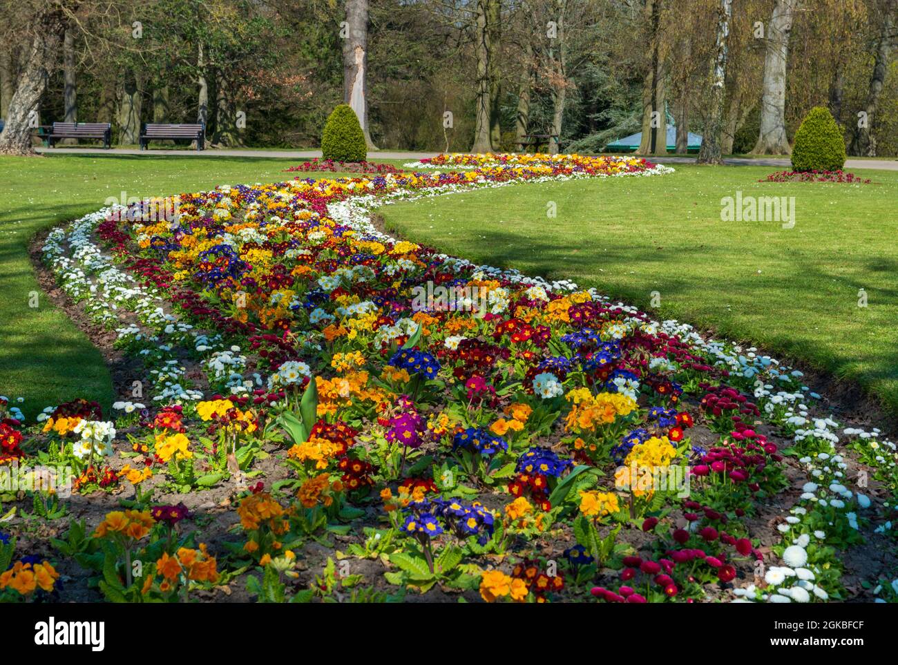 A colourful display of spring bedding plants in South Park, Darlington ...