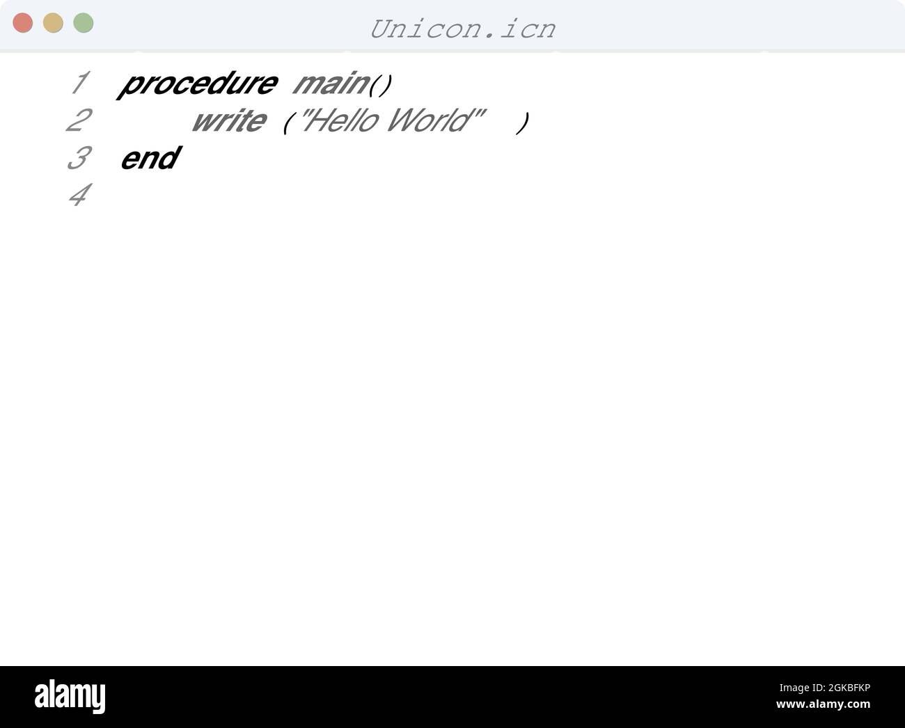 Unicon language Hello World program sample in editor window illustration Stock Vector Image ...