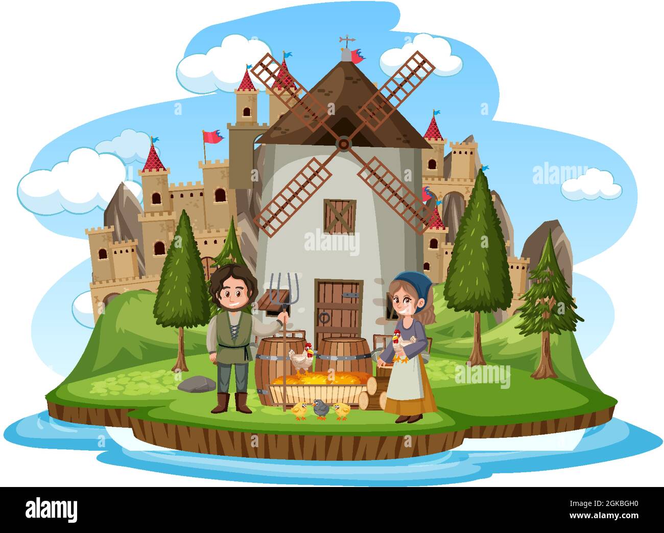 Medieval house with windmill and villagers illustration Stock Vector ...