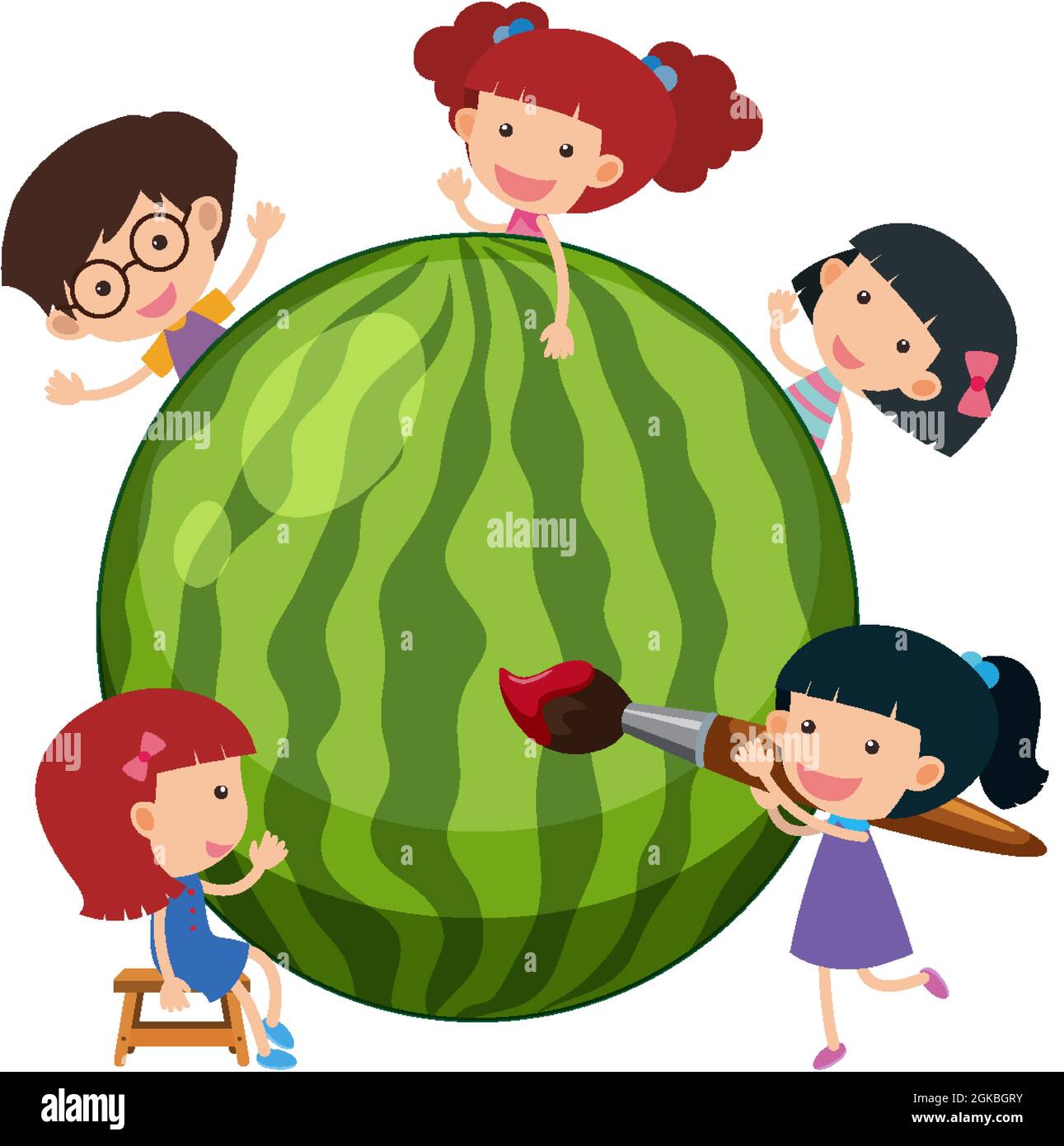 Watermelon with many children cartoon character isolated illustration ...