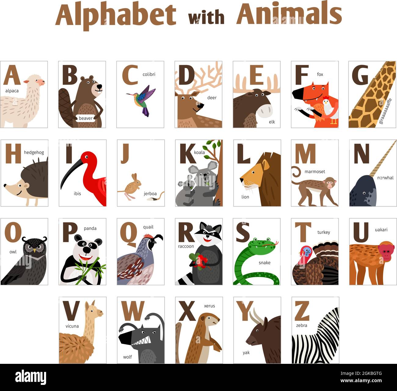 Alphabet with wild Animals. Cute vector design cards with letters for ...