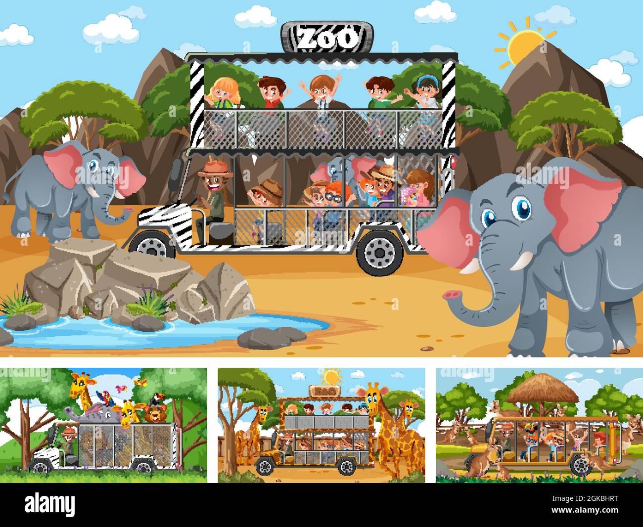 Four different zoo scenes with kids and animals illustration Stock ...