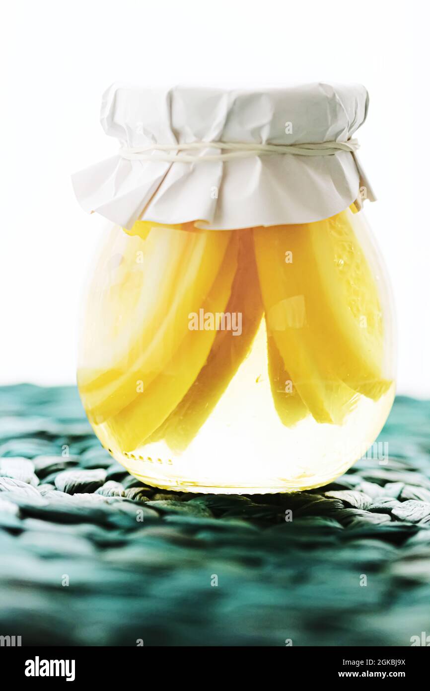 Canned sugared lemon slices in sweet syrup, food and dessert Stock ...